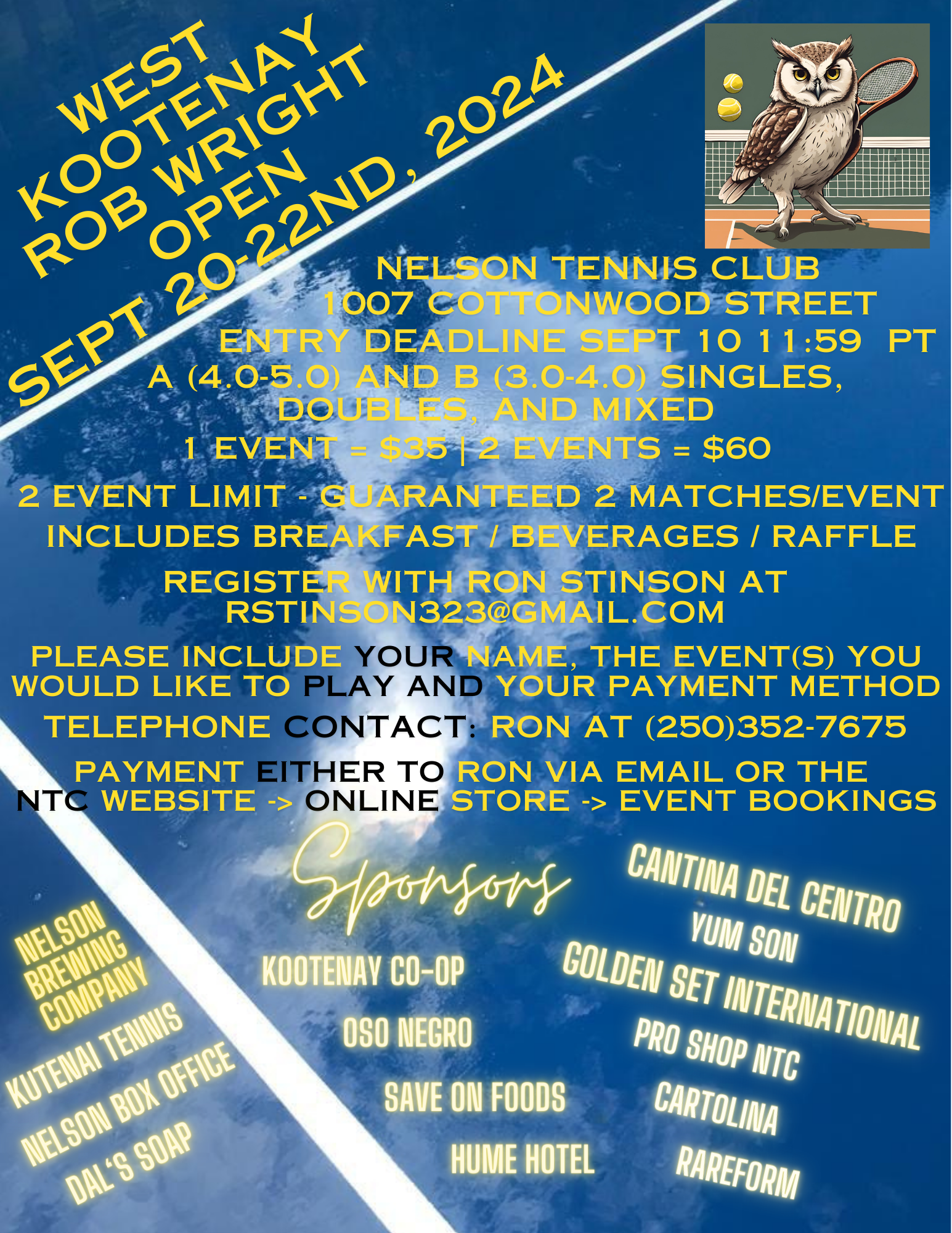 2024 Rob Wright West Kootenay Open Draws Posted – Nelson Tennis Club